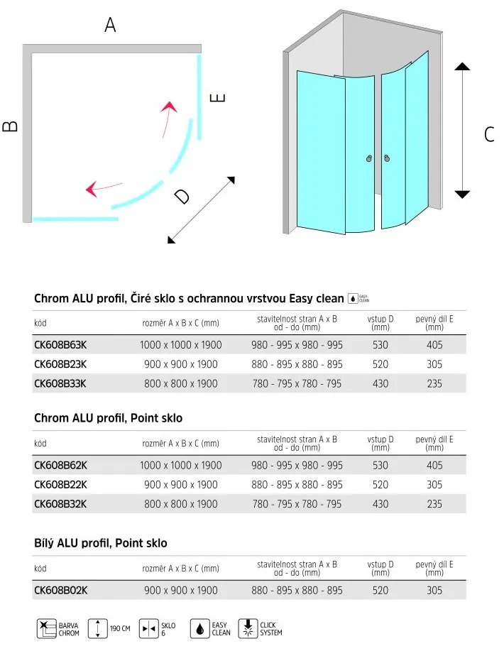 Mereo Lima sprchový set čtvrtkruh 90x90x190 cm R 550 vanička litý mramor sklo čiré ALU chrom CK608B23KM