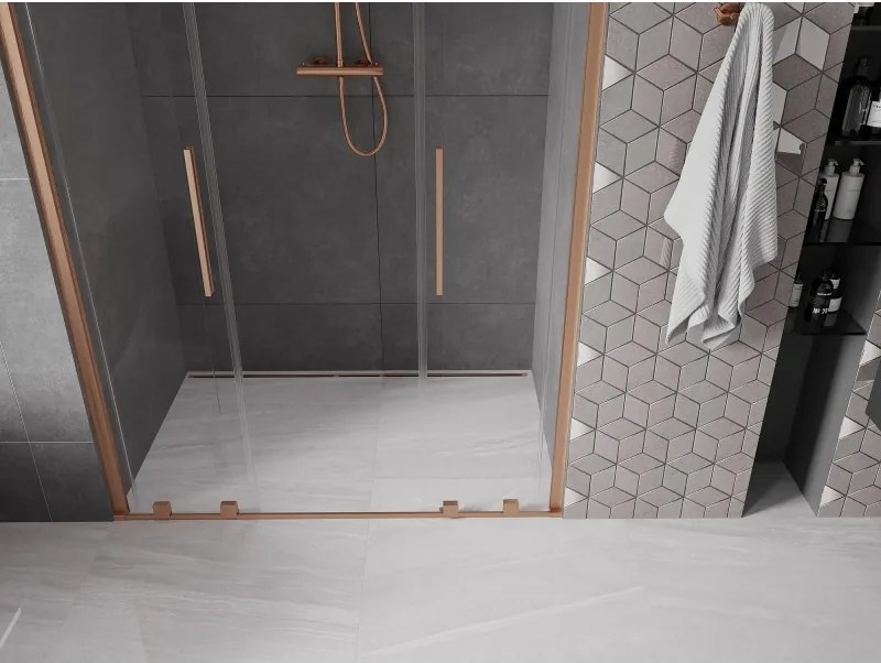 Mexen Velar L Duo, posuvné sprchové dveře do otvoru 140 cm, 8mm čiré sklo, měděná matná, 871-140-003-02-65
