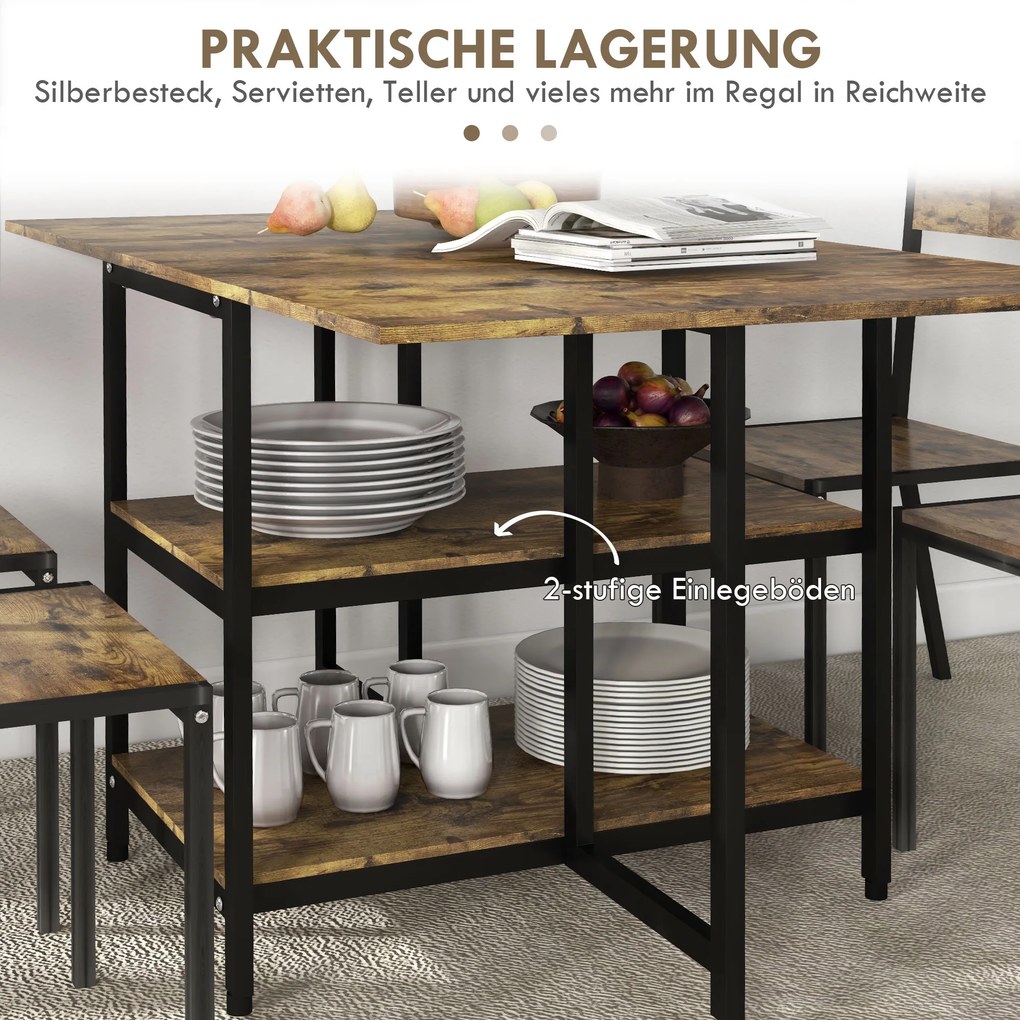 HOMCOM Rozkladací Skládací Jídelní Stůl Obdélníkový Mobilní Kuchyňský Stůl pro 2-6 Osob se 2 Otevřenými Policemi 140cm x 80cm x 75cm Rustikálně Hnědý