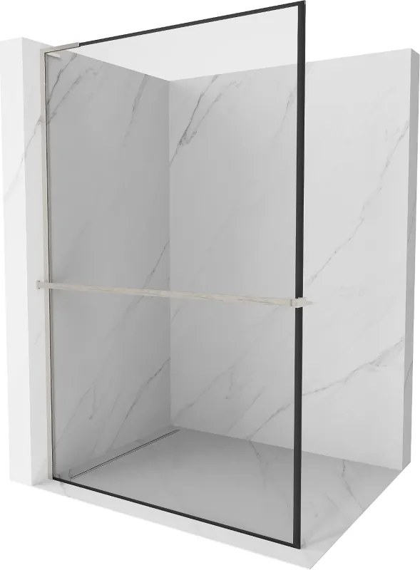 Mexen Kioto+ L, sprchová zástěna Walk-In s poličkou a věšákem 60 x 200 cm, 8mm čiré sklo černý vzor, broušená ocel profil, 800-060-123-97-70