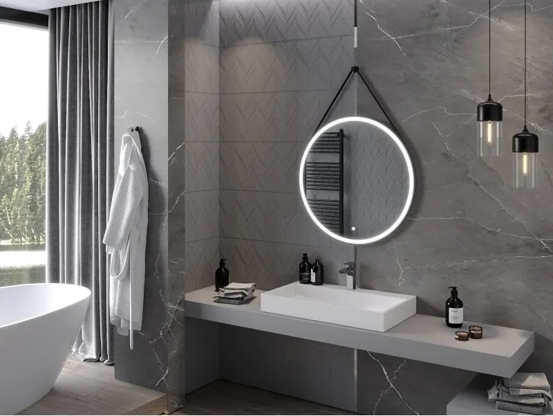 Mexen Reni koupelnové zrcadlo s podsvícením, kulaté 80 cm, LED 6000K, antifog, černý rám - 9812-080-080-611-70