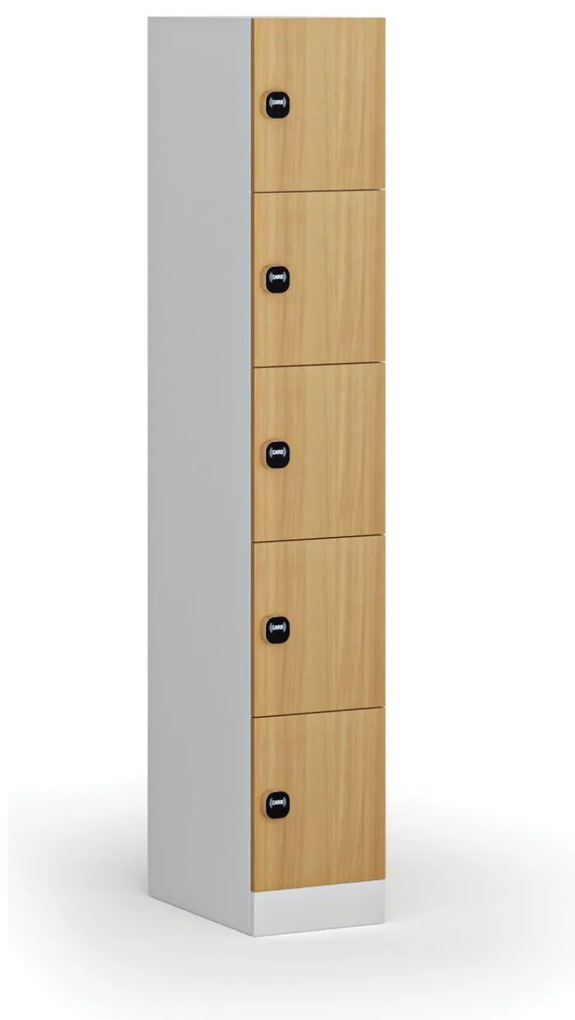 Šatní skříňka S1 s úložnými boxy, 5 boxů, 1850 x 300 x 500 mm, demont, RFID zámek, laminované dveře, buk