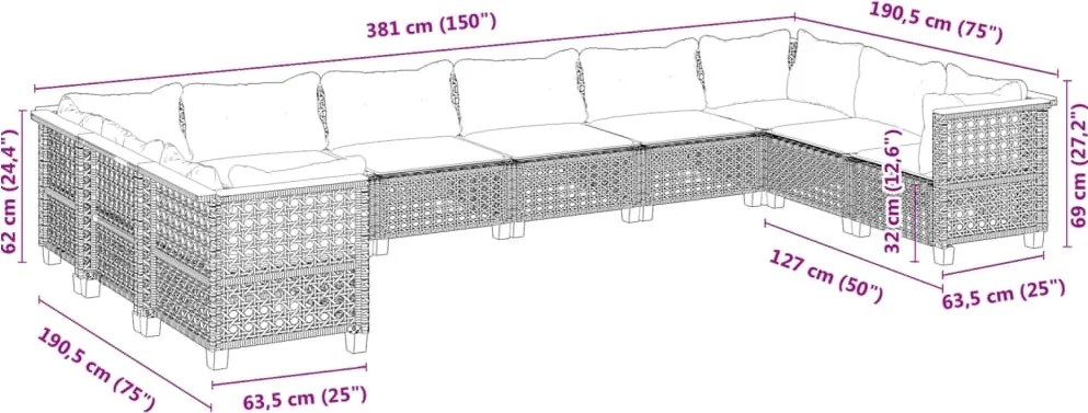 10dílná zahradní sedací souprava s poduškami černá polyratan 3262022