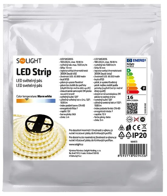 Solight LED světelný pás 5m, 198LED/m, 16W/m, 1500lm/m, IP20, teplá bílá