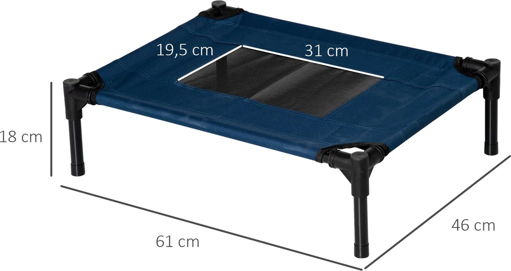 PawHut Přenosná Vysoká Postel pro Psy a Kočky s Prodyšnou Síťovinou a Oxfordskou Tkaninou pro Interiér a Exteriér 61x46x18 cm Modrá