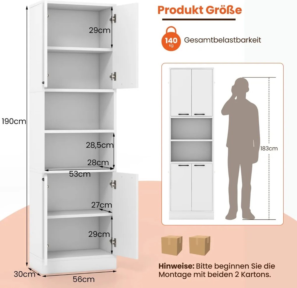 Costway 190 cm vysoká kuchyňská skříňka s dvířky a policemi příborník – bílý