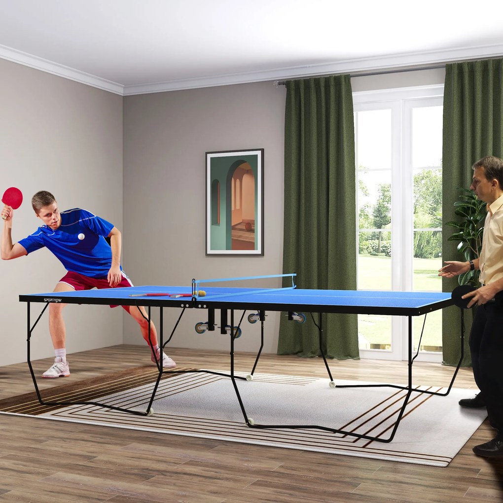 SPORTNOW stůl na stolní tenis venkovní skládací se síťkou válečky 2 pálky 3 míčky ocel modrá 274x1525x76cm pro zahradu a volný čas | Aosom.de
