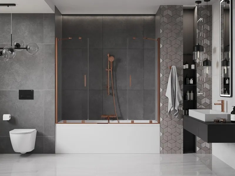 Mexen Velar Duo, 2-křídlová posuvná vanová zástěna 200 x 150 cm, 8mm čiré sklo, růžové zlato profil, 896-200-000-02-60