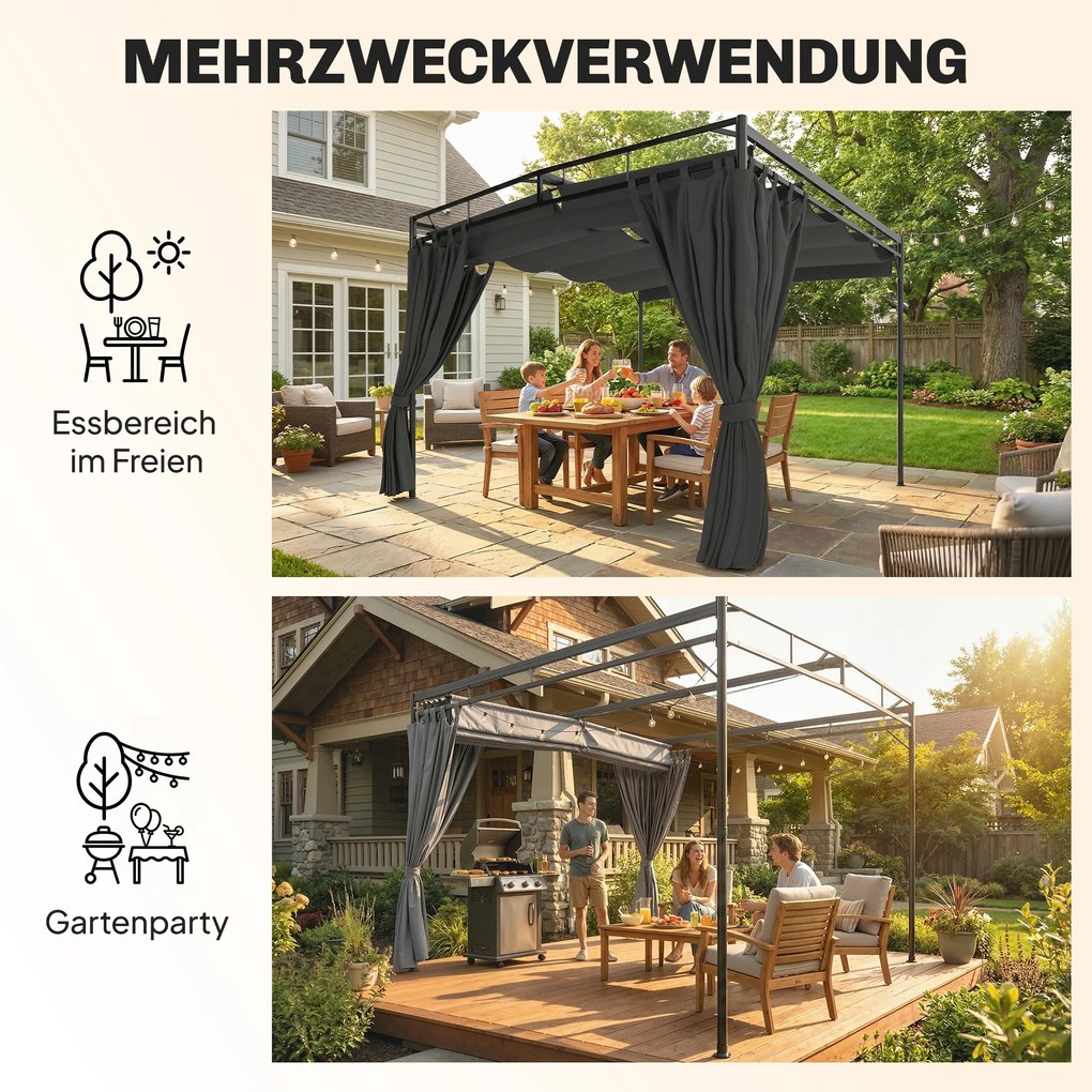 Pergola Pavillon 3x3m Wasserabweisend Sonnenschutz mit verstellbares Schiebedach Vorhängen, freistehend