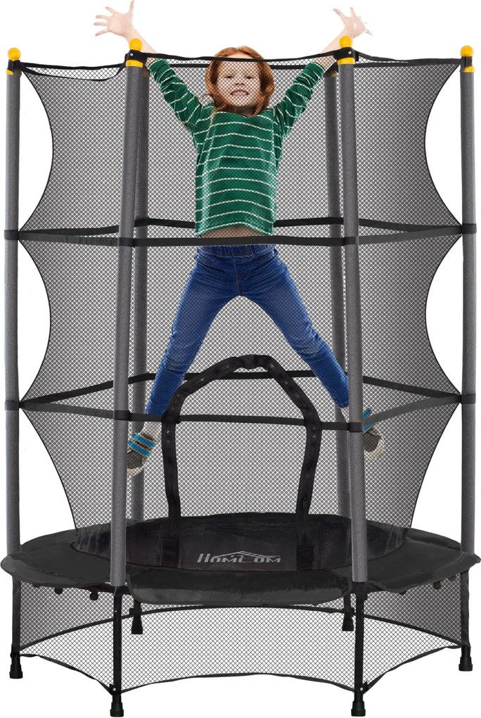 HOMCOM Dětská trampolína Ø140 cm, trampolína s ochrannou sítí a ochranným poklopem, zahradní trampolína pro děti 3-10 let, nosnost až 50 kg, černá | A
