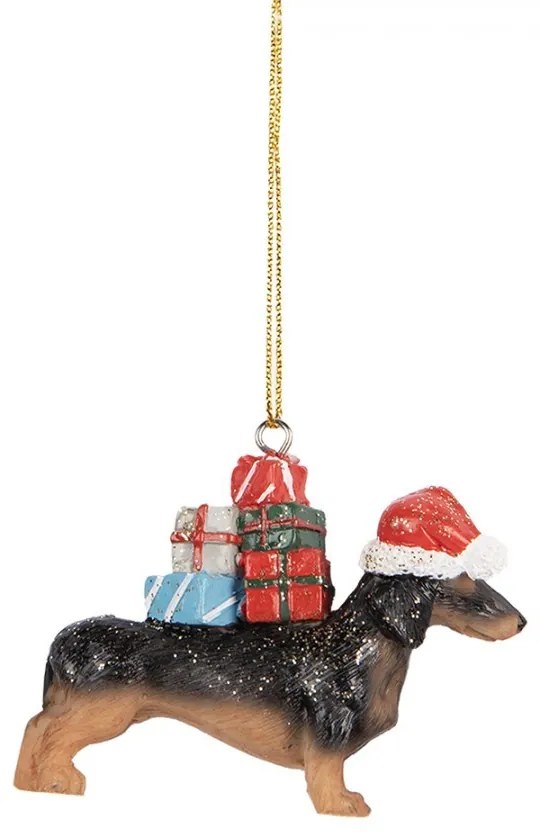 Hnědá závěsná dekorace jezevčík Dachshund s dárečky - 7*2*6 cm