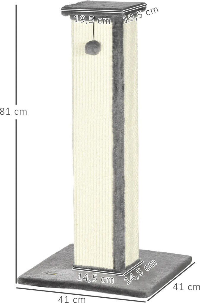 PawHut Škrabací Sloup, 81cm Škrabací Sloupec, Sisalový Kočičí Škrabací Strom s Hracím Míčkem, Kočičí Škrabací Nábytek pro Kočky do 5 kg, Vnitřní, Šed…