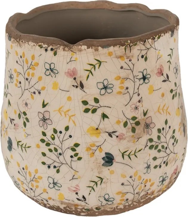 Béžový keramický obal na květináč se žlutými kvítky Ylla L - Ø 21*19 cm