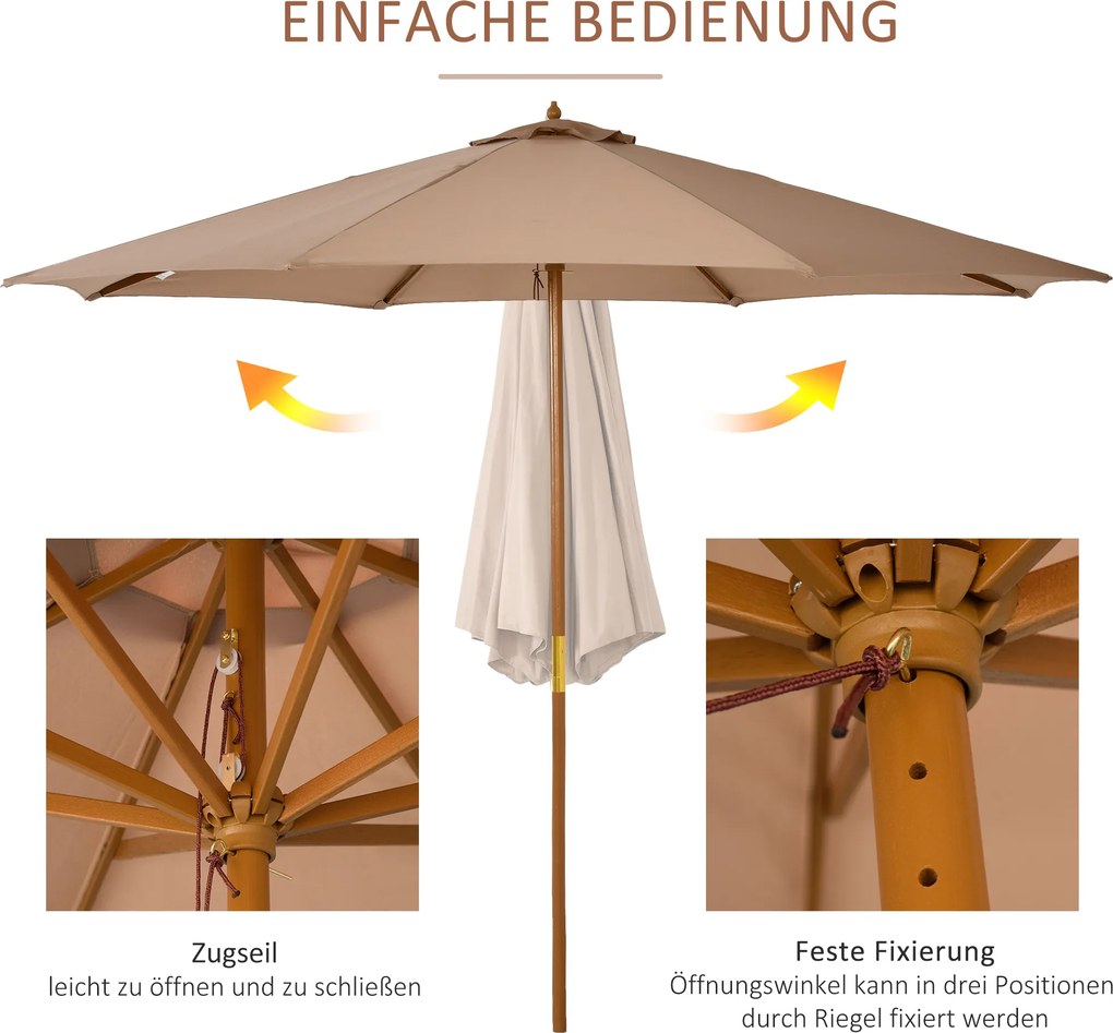 Outsunny slunečník dřevo 300 cm dřevěný slunečník zahradní slunečník balkonový slunečník bambus khaki | Aosom