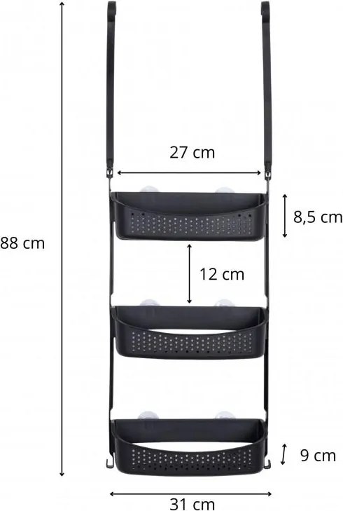 Erga Wiki, koupelnový koš, závěsný organizér 31x88 cm s přísavkami, 3řadý, černá matná, ERG-YKA-CH.WIKI-3-BLK