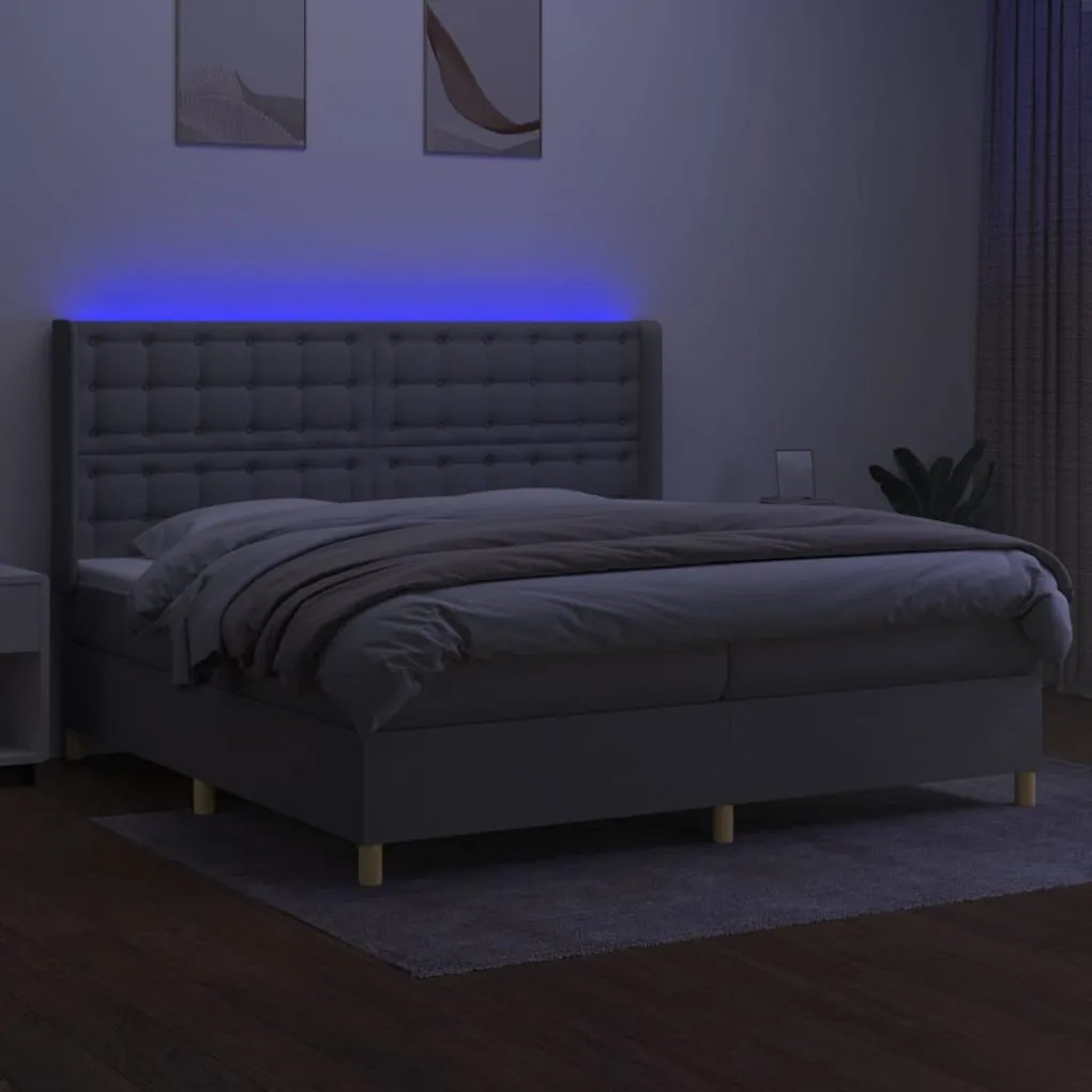 Box spring postel s matrací a LED světle šedá 200x200 cm textil 3139221