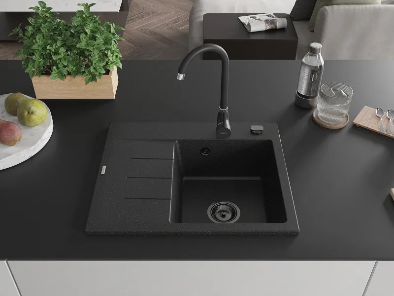Mexen Ben, 1-komorový granitový dřez 600x500x190 mm, pravý + černý sifon, černá-stříbrná metalíza, 6523605000-73-B