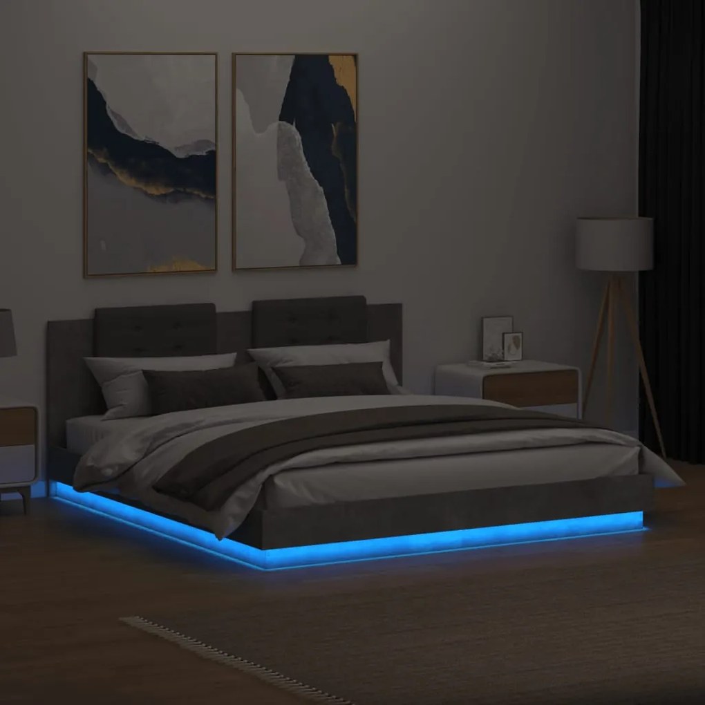 Rám postele s čelem a LED osvětlením betonově šedý 200x200 cm 3209985