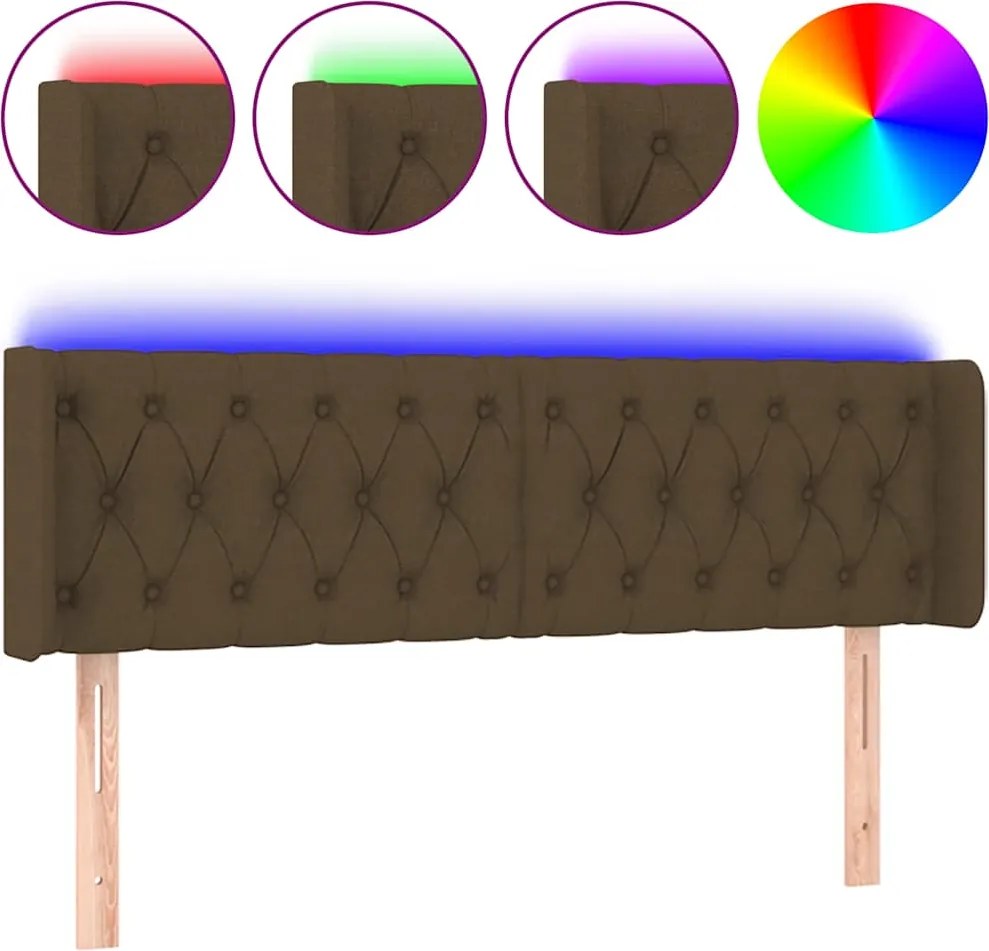 Čelo postele s LED tmavě hnědé 147 x 16 x 78/88 cm textil 3123573