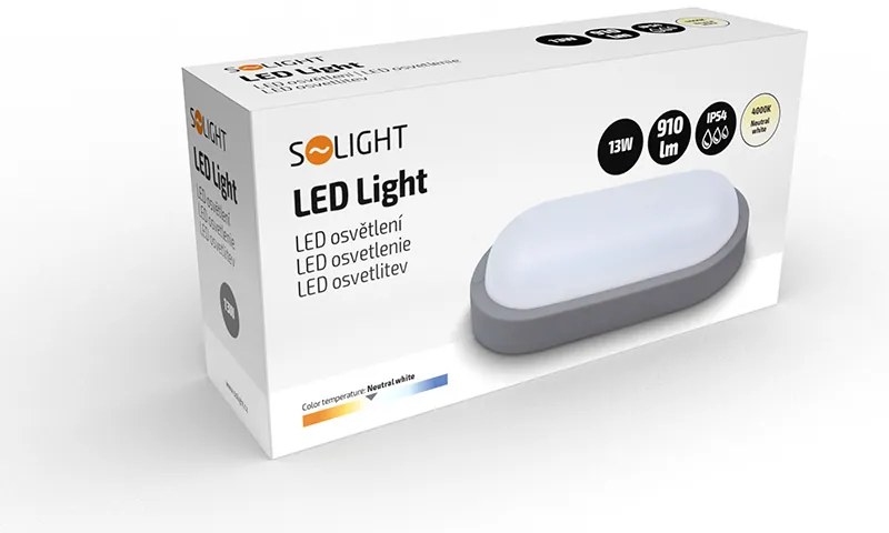 Solight LED venkovní osvětlení oválné, 13W, 910lm, 4000K, IP54, 21cm, šedá barva
