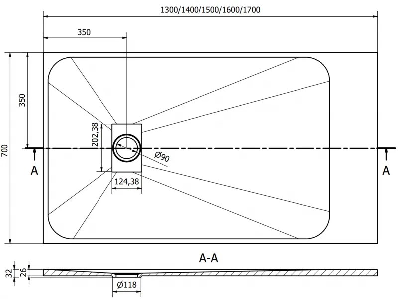 Mexen Hugo, obdélníková sprchová vanička SMC 150 x 70 cm, bílá, černá krytka, 42107015-B