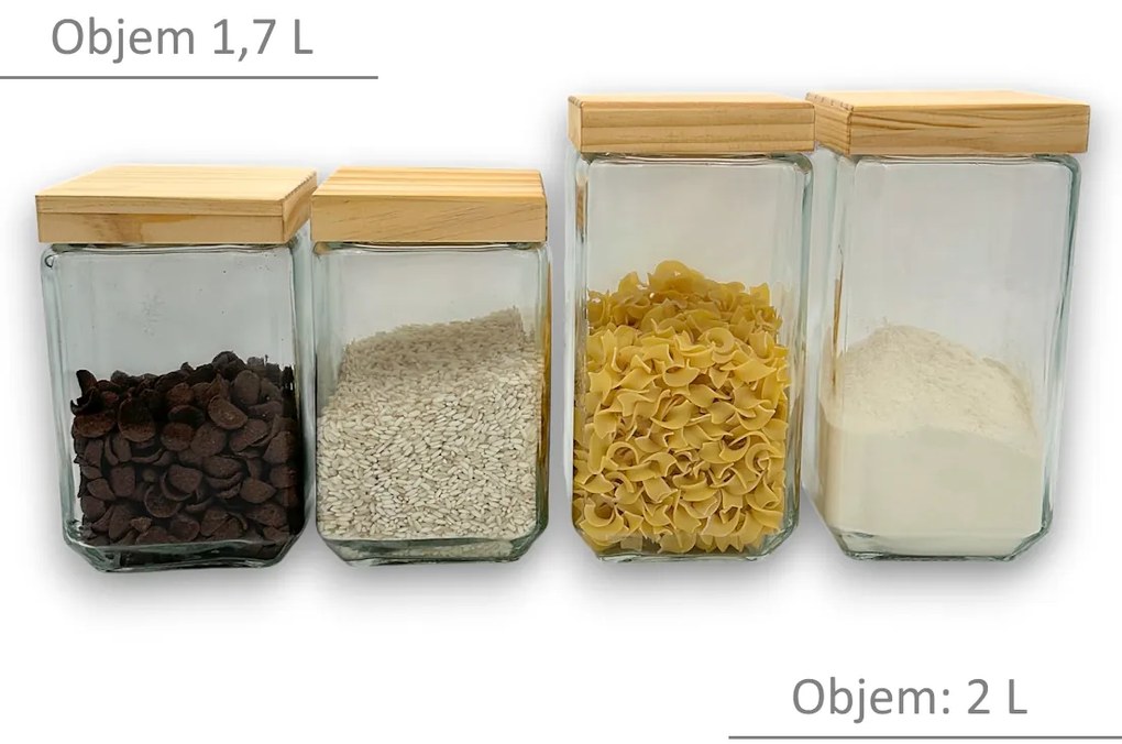 5Five® Skleněná bytelná dóza hranatá s dřevěným víkem, 1,7l KWADR