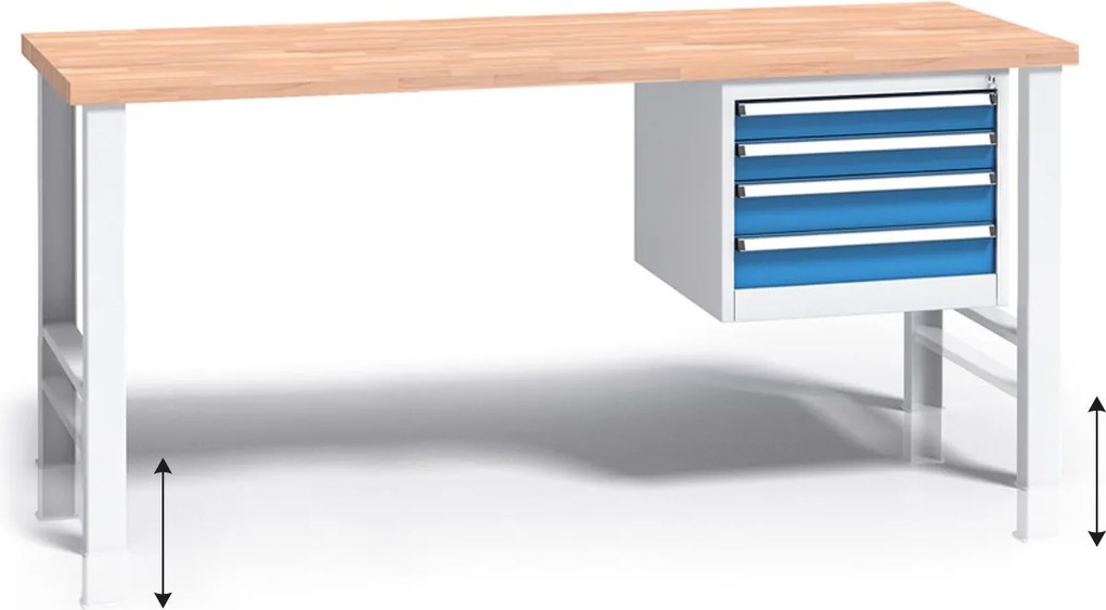 Výškově nastavitelný pracovní stůl do dílny G3 se závěsným boxem na nářadí, buková spárovka, 4 zásuvky, 1700 x 685 x 840 - 1050 mm, modrá