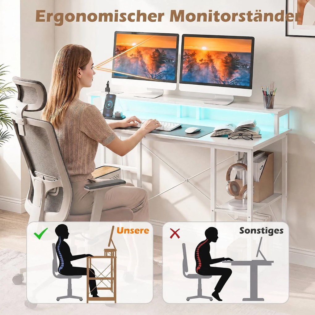 Costway Počítačový stůl s LED osvětlením a stojanem na monitor, bílý
