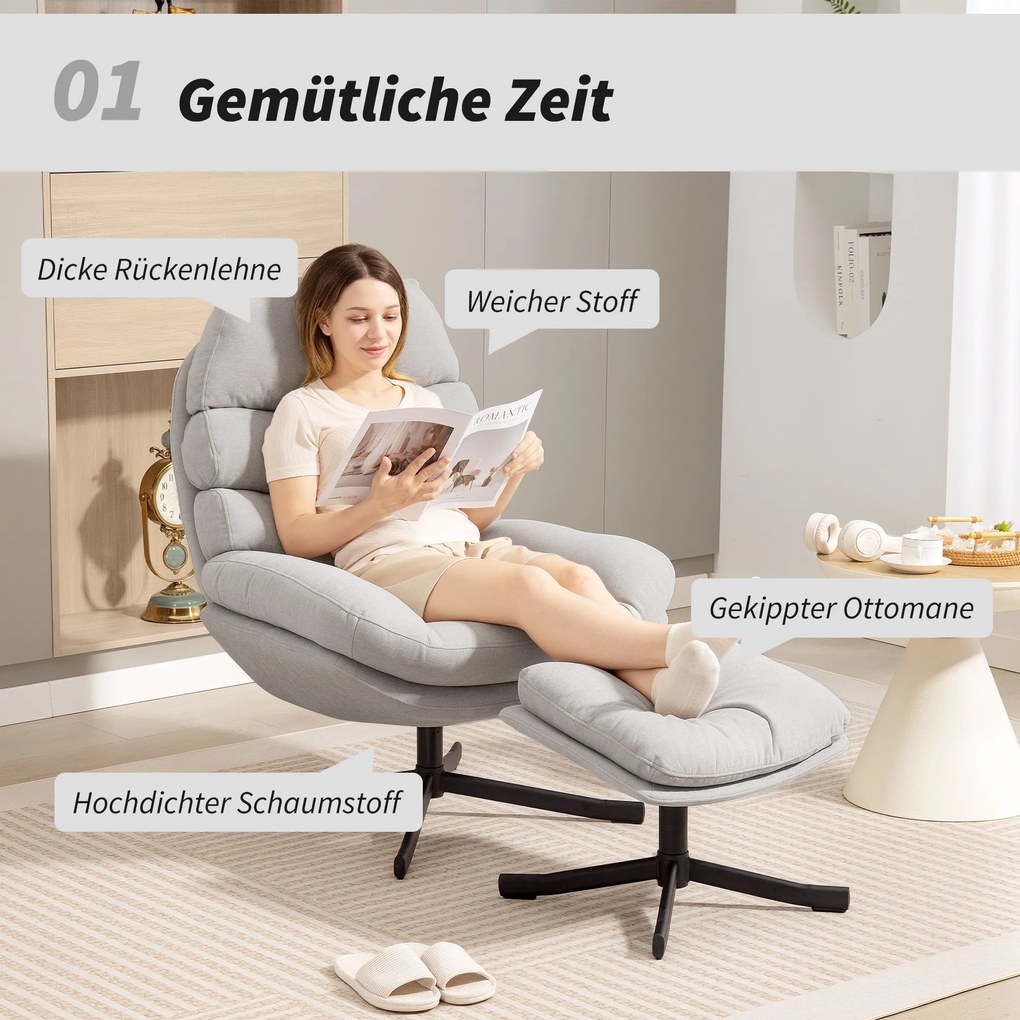 HOMCOM Relaxační křeslo s podnožkou, křeslo, lounge křeslo s čalouněním z chenille, moderní televizní křeslo, 78 x 93 x 100 cm, krémově bílá