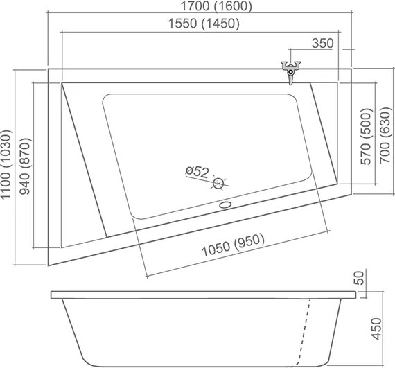 Roth KUBIC ASYMMETRIC 160 asymetrická rohová vana 160 x 103 cm 9670000 pravá akrylátová