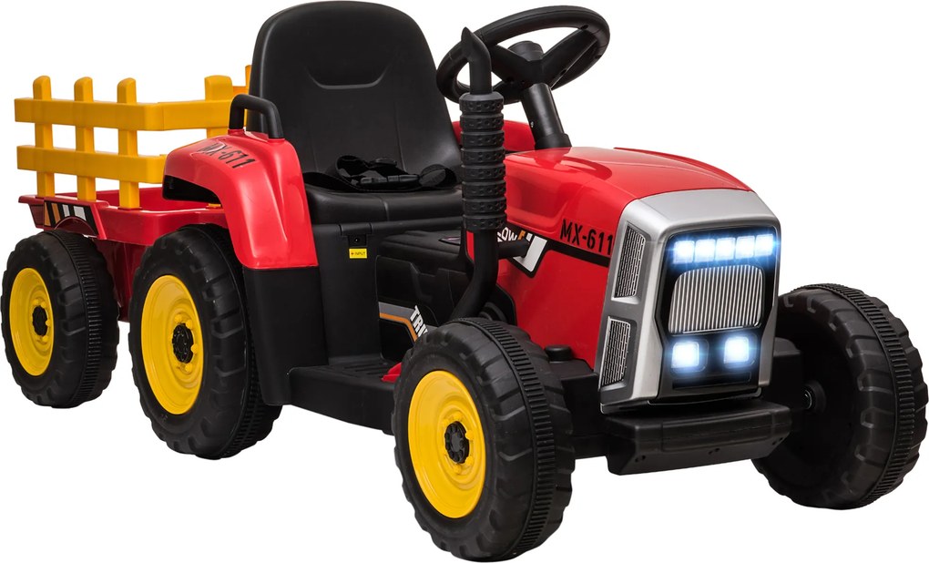 HOMCOM Elektrický tahač Dětské elektrické auto s přívěsem, dálkové ovládání, MP3, světlomety, 3-6KM/H, červené| Aosom