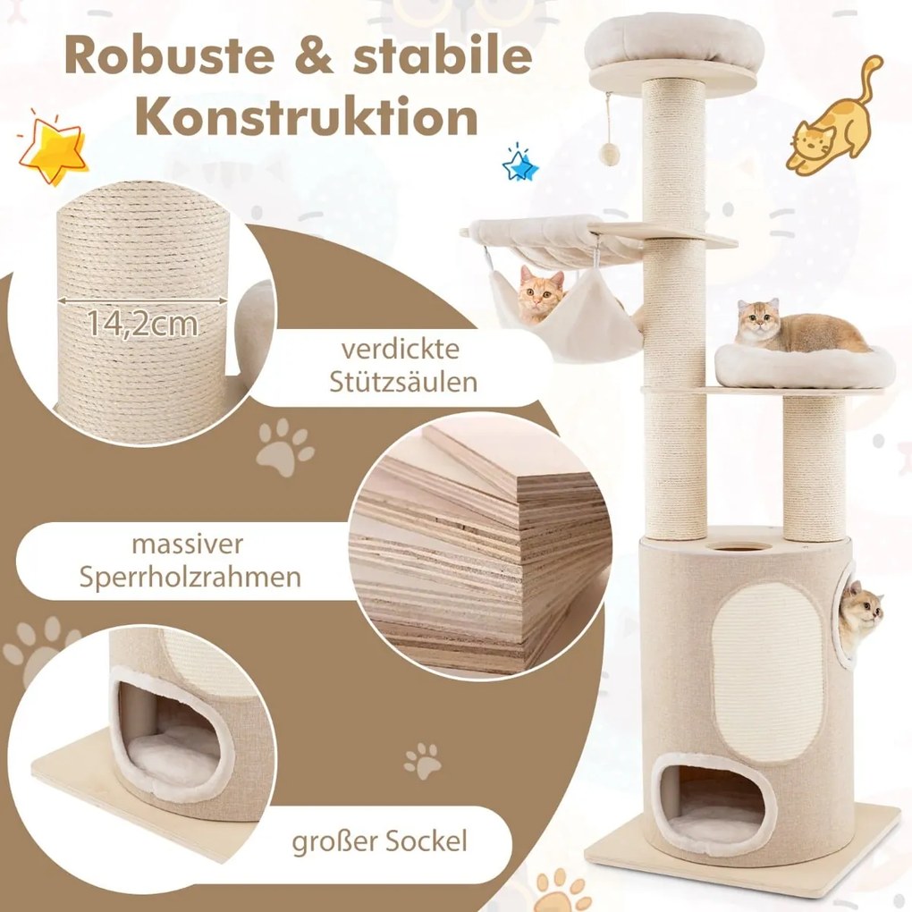 Costway Škrabadlo velký kočičí strom s 2 patrovým škrabacím sudem 2 houpací sítě