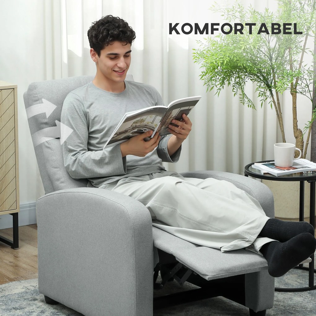 HOMCOM Relaxační křeslo, nastavitelné 135°, vysouvací podnožka, polstrovaná opěradla, lněný/polyester, světle šedá