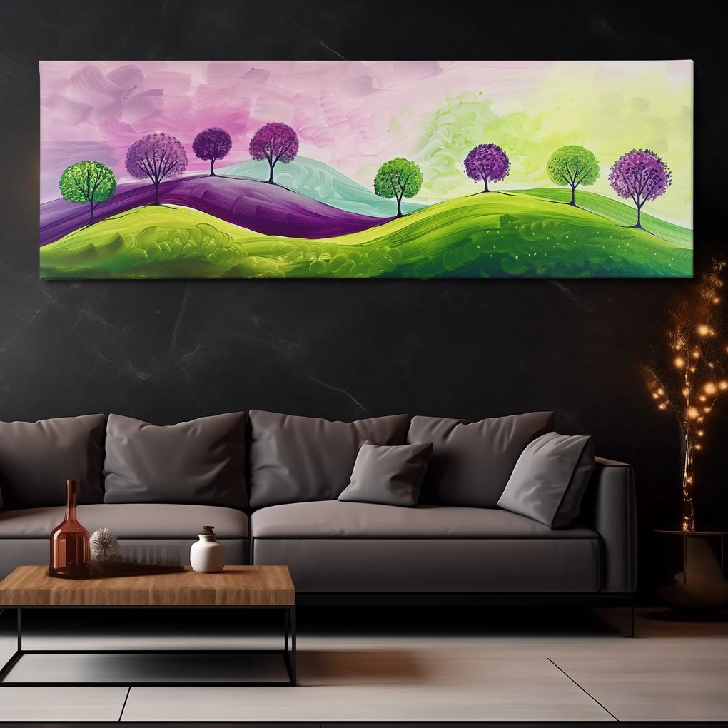 Obraz na plátně - Limetková krajina se stromy FeelHappy.cz Velikost obrazu: 210 x 70 cm