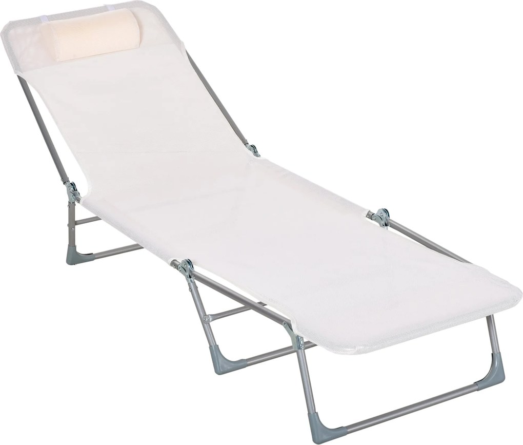 Skládací a polohovací zahradní lehátko Outsunny s nastavitelným opěrkou hlavy a 5 pozicemi opěradla, prodyšná textilní látka 182x56x28 cm Krémová | Ao