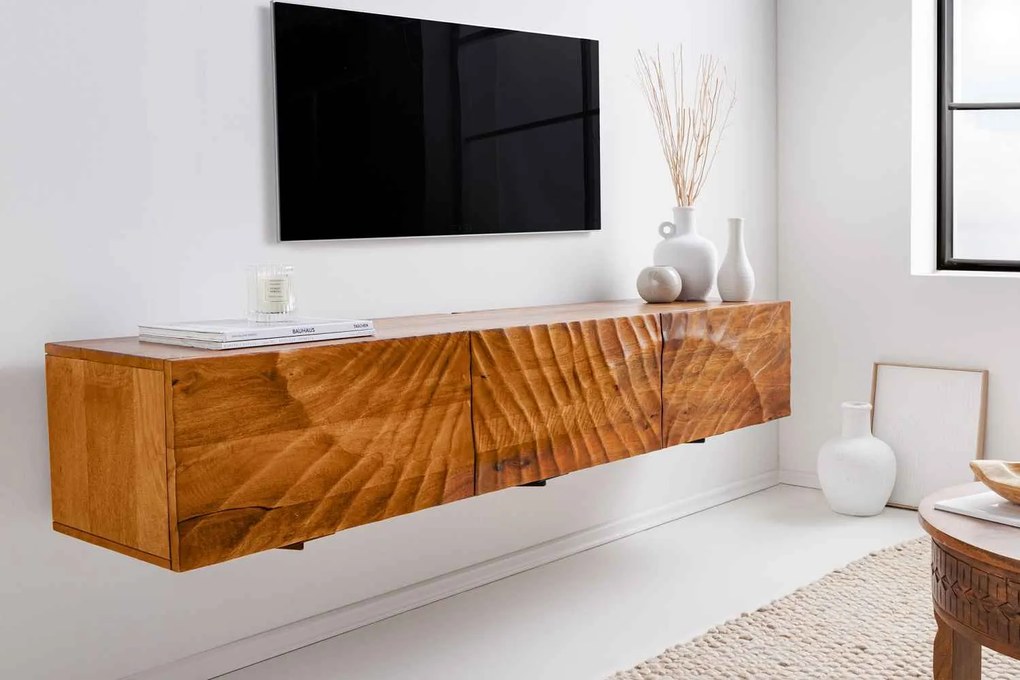 Designový závěsný TV stolek Shayla 160 cm hnědé mango - otevřené balení