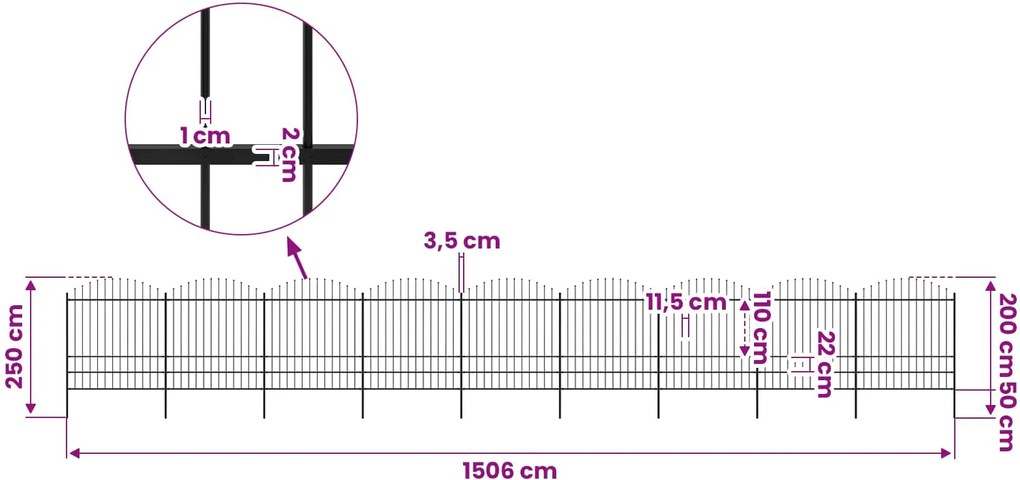 Zahradní plot s kopím nahoře ocelový 1506 x 200 cm černý 277756