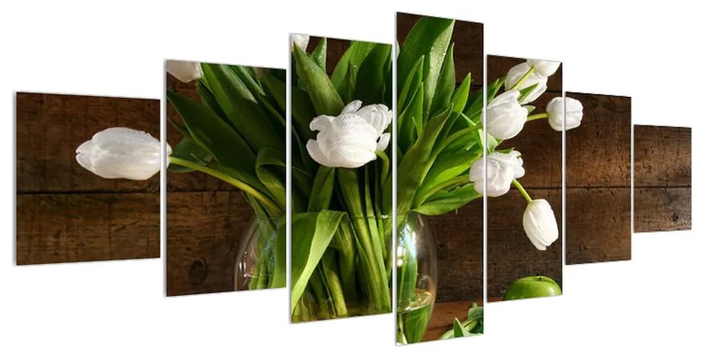 Obraz bílých tulipánů ve váze (210x100 cm)