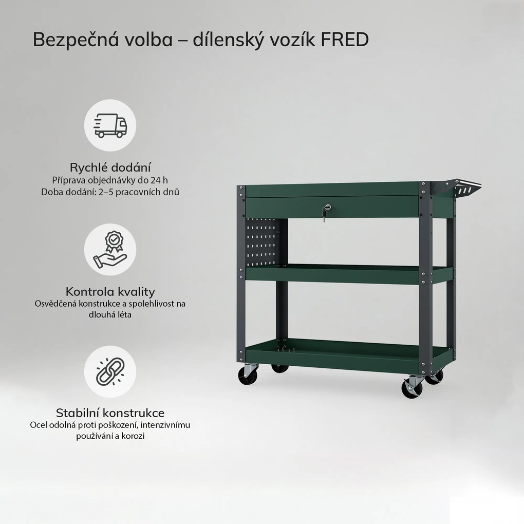 Dílenský nástrojový vozík se zásuvkou, na kolečkách, lahvově zelená, 800x800x380 mm: FRED