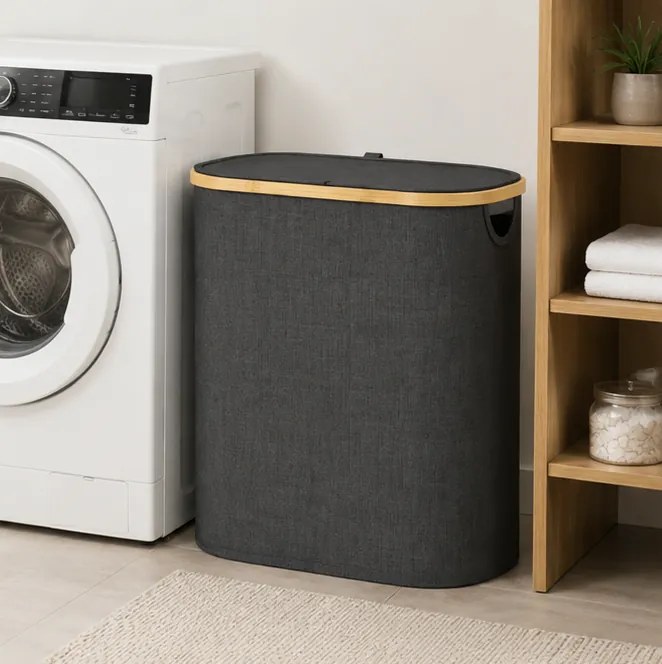 koš na prádlo, objem 110+ l, s víkem, 3 odnímatelné tašky, látka/bambus, 75x43x32 cm, šedá/přírodní, Dekorino KP20260003