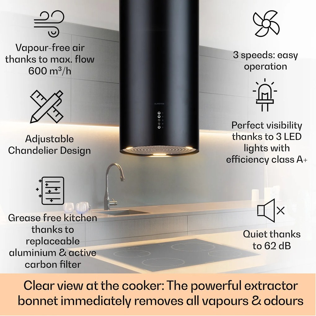 Klarstein Bolea, digestoř, 38 cm, ostrůvková, 600 m³/h, LED, filtry s aktivním uhlím, nerezová ocel