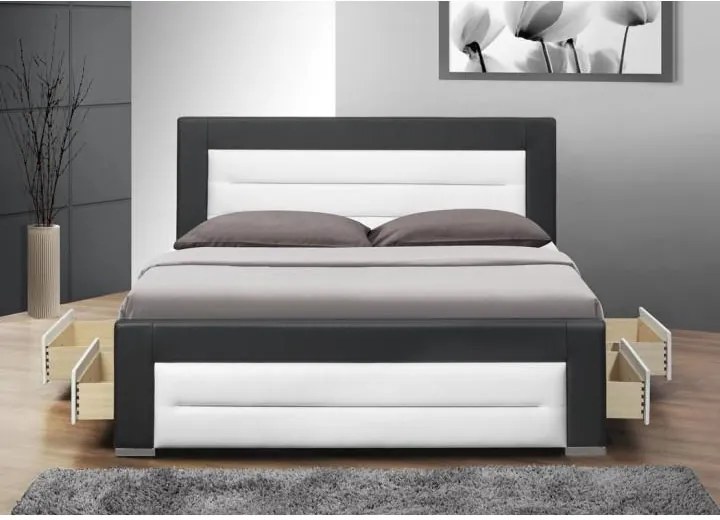 Manželská postel s roštem a šuplíky, ekokůže černá / bílá, 160x200, NAZUKA 0000044484 Tempo Kondela