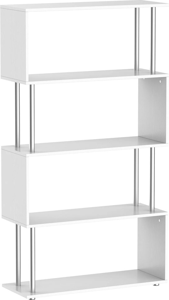 HOMCOM S-typová knihovna, 4-patrová policová jednotka pro obývací pokoj, kancelář a studovnu 80x30x145 cm, bílá | Aosom