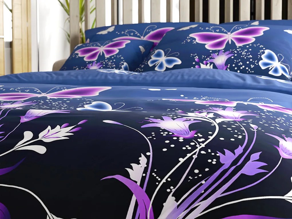 Povlečení z mikrovlákna VIOLET BUTTERFLY tmavě modré Rozměr povlečení: 2 ks 70 x 90 cm | 200 x 220 cm