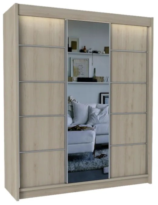 Skříň s posuvnými dveřmi a zrcadlem MAKIRA + Tichý dojezd, sonoma, 180x216x61