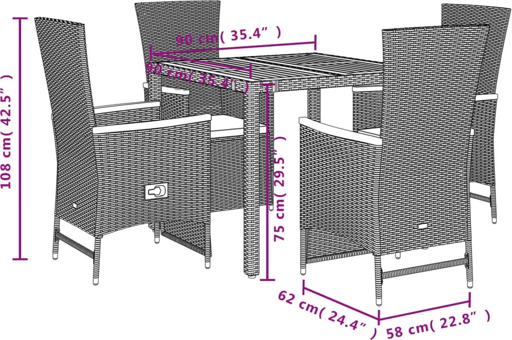 5dílný zahradní jídelní set s poduškami černý polyratan 3277504