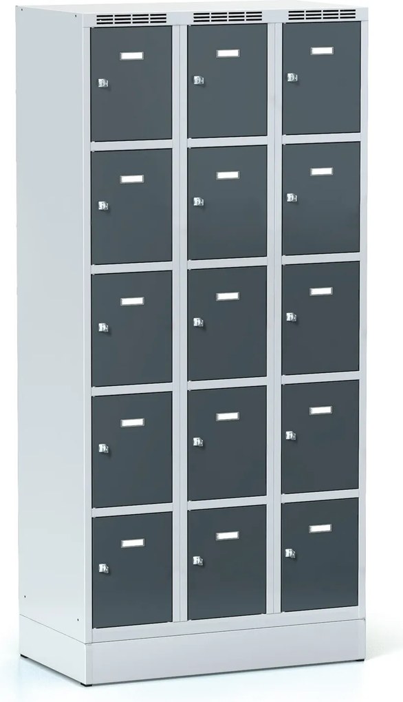 Šatní skříňka S6 s úložnými boxy na soklu, 15 boxů, 1920 x 900 x 500 mm, otočný zámek, tmavě šedé dveře