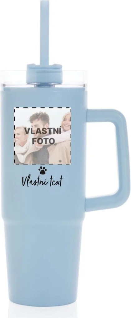 Personalizovaná cestovní termoska s průhledným víčkem s fotkou mazlíčka a textem