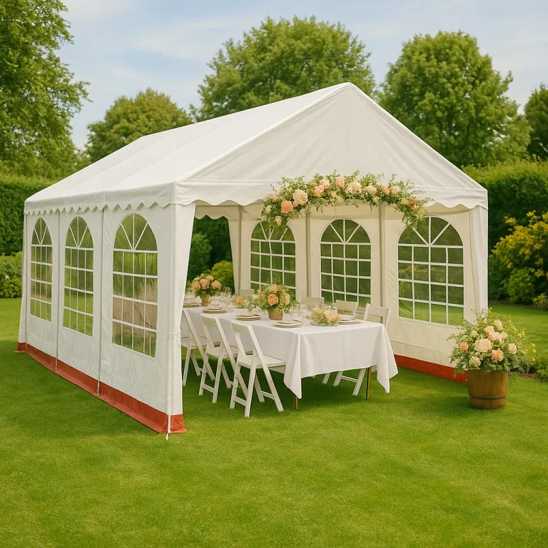 Zahradní párty stan 6×4 m, bílý a červený pruh, PVC 400 g/m²