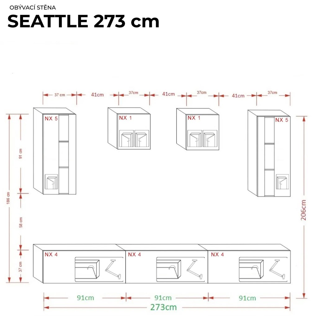 Ral Obývací stěna SEATTLE 7, 273 cm - Černo/bílý lesk